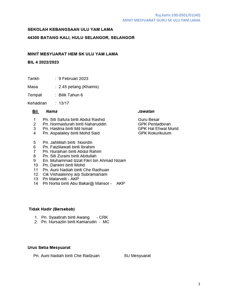Minit Mesyuarat Hem Bil 4 2022 | PDF