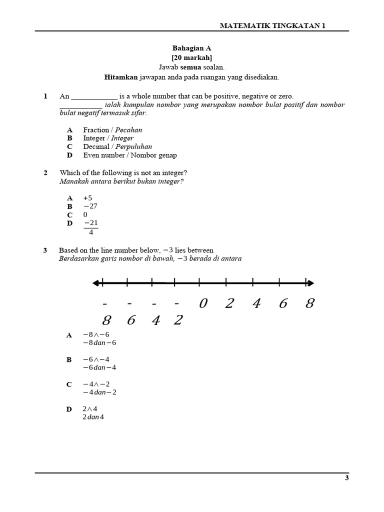 UJIAN SETARA 2020-MATEMATIK Ting 1 | PDF