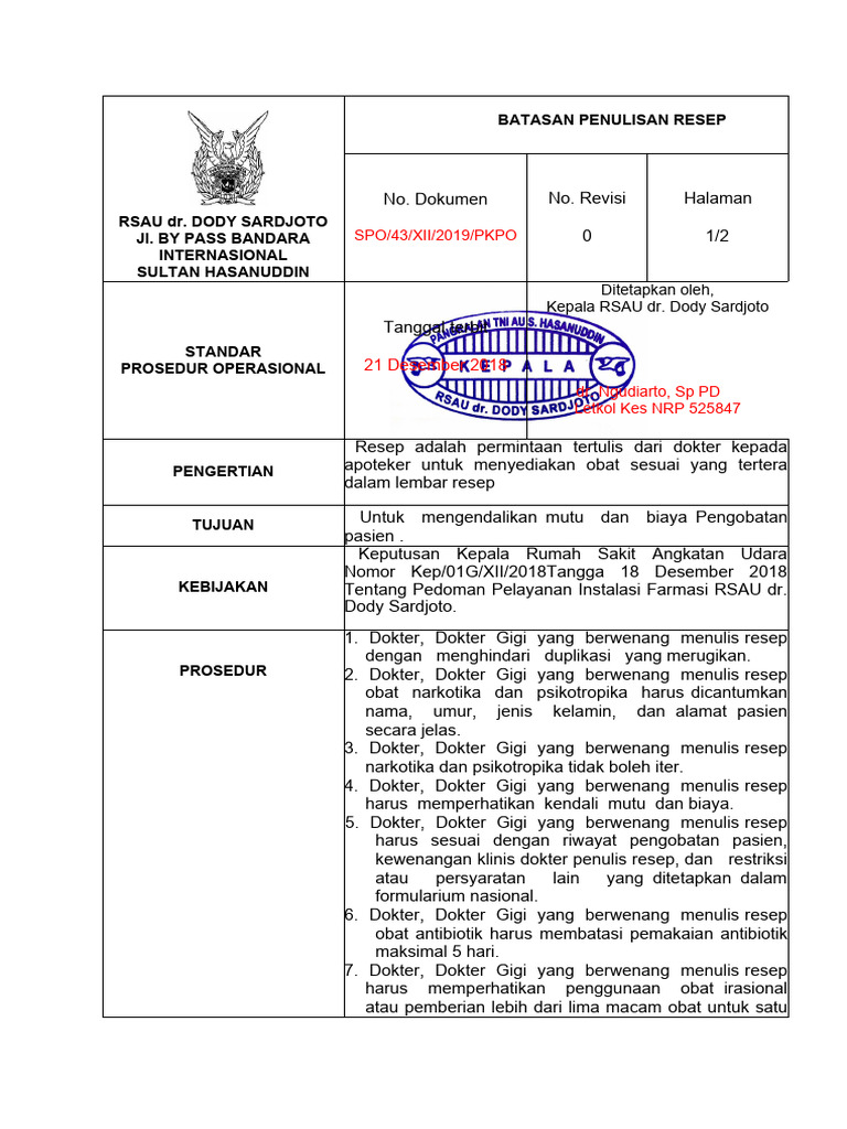 Pkpo 4.2 Ep 2 Spo Batasan Penulisan Resep | PDF