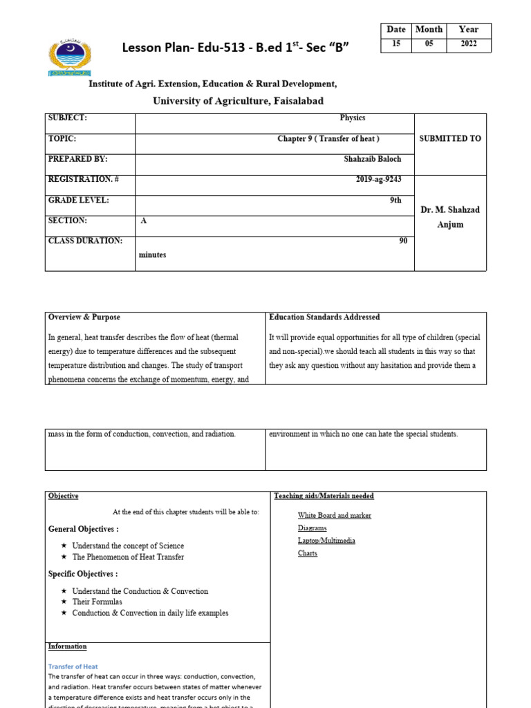 Edu-513 Lesson Plan (Transfer of Heat) | PDF | Heat Transfer | Thermal ...