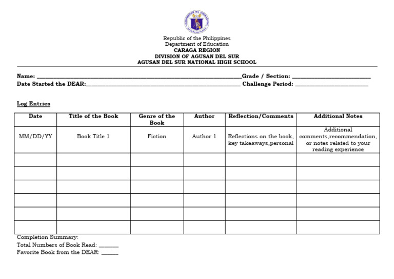 School Reading Log Template | PDF
