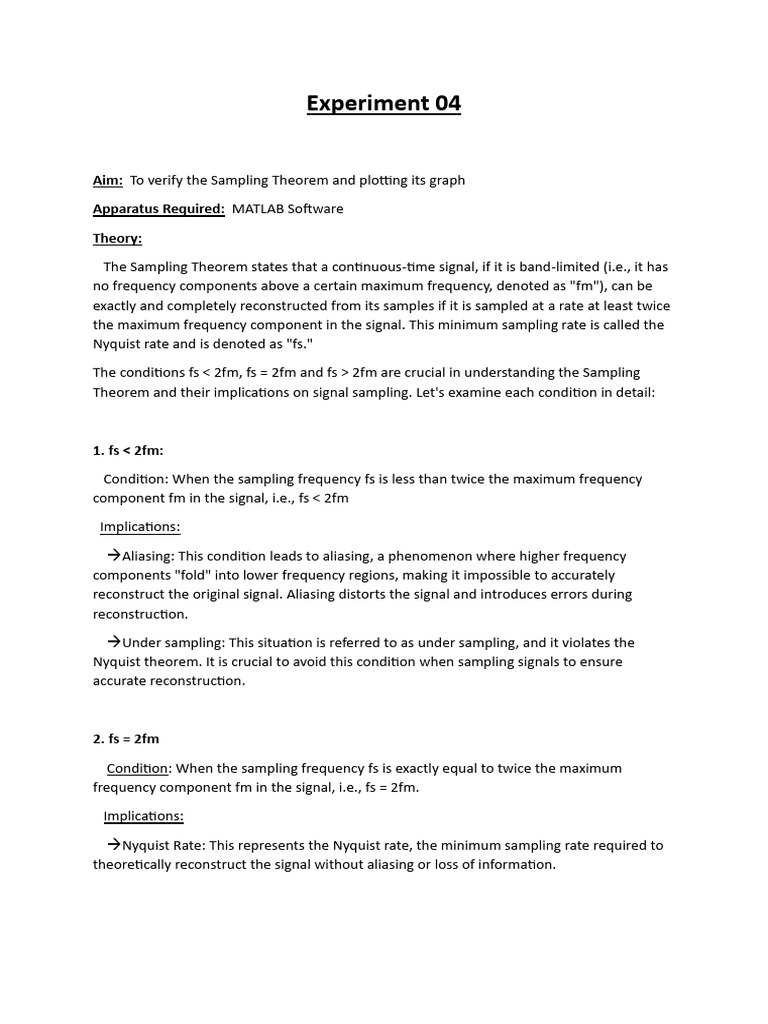 Sampling Theorem Verification in MATLAB | PDF | Sampling (Signal ...