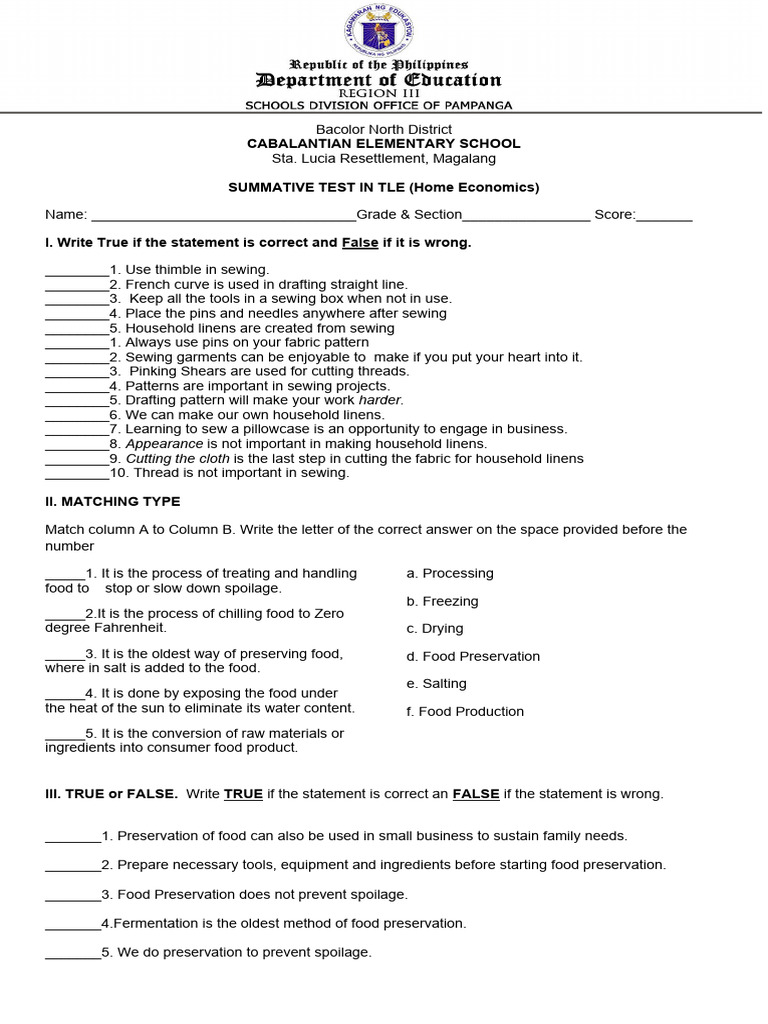 Summative-Test-In-Home-Economics 2023-2024 | PDF | Sewing | Food ...