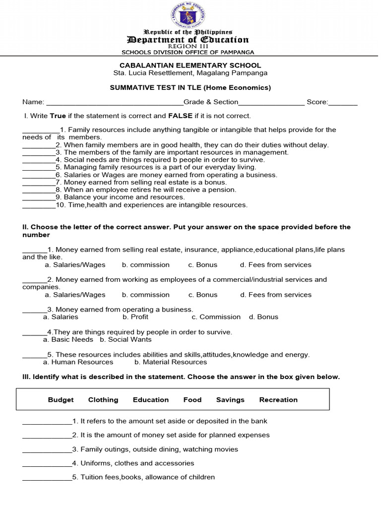 Summative Test in TLE: Home Economics | PDF | Salary | Economies
