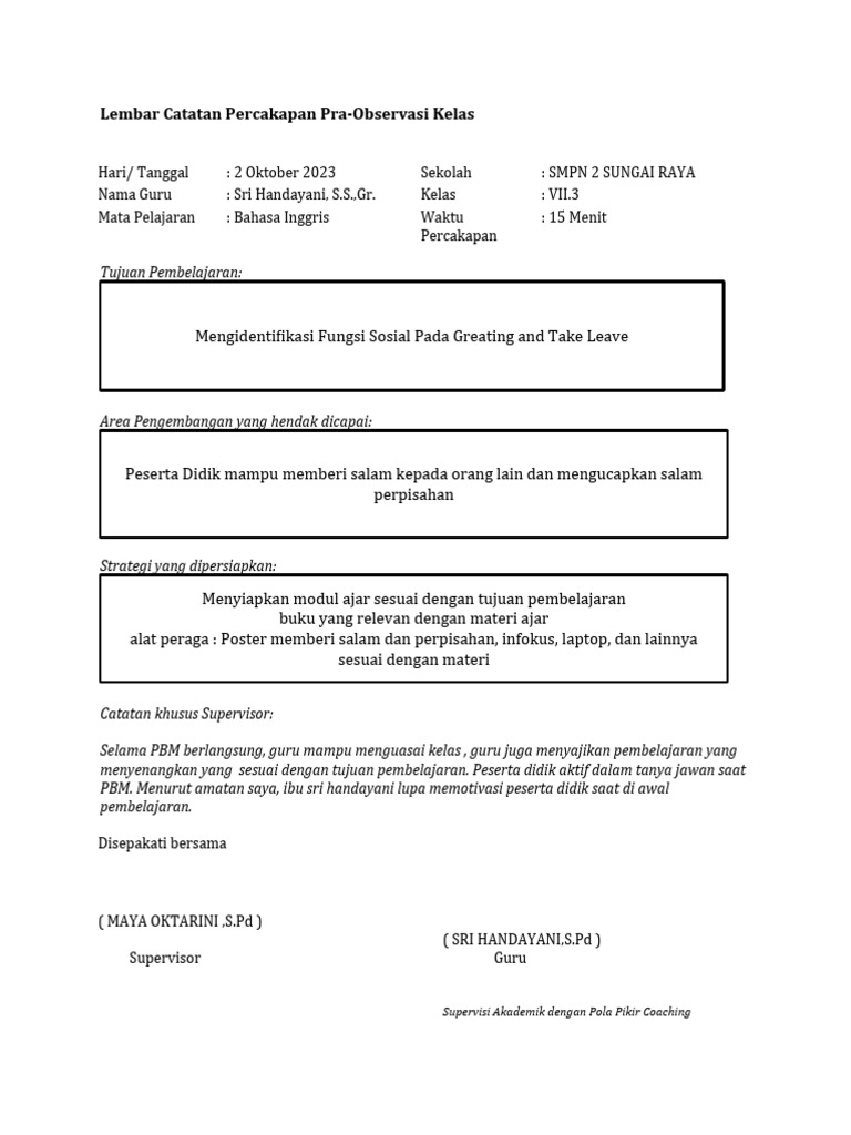 Lembar Catatan Percakapan Pra Observasi Sri Handayani | PDF