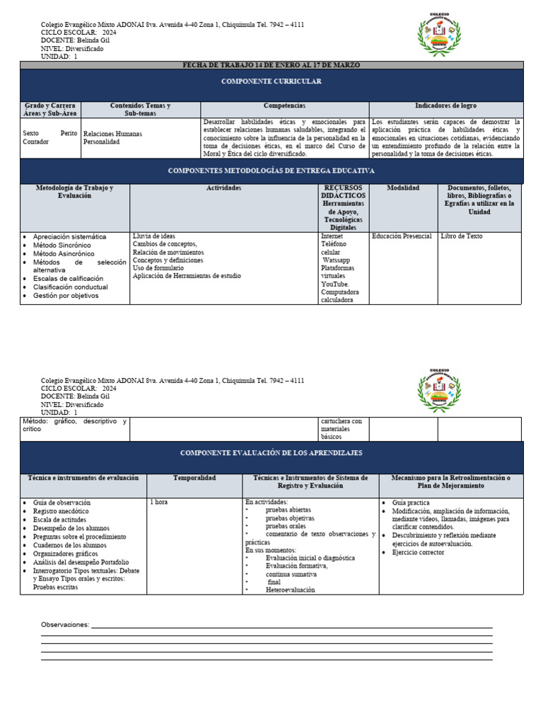 Planificación 6to. Perito Contador - Moral y Ética | PDF | Evaluación | Cognición