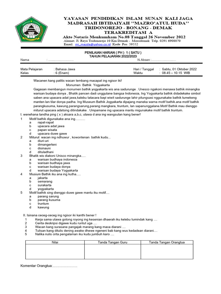 C. Bahasa Jawa Kls 6 PH 1,2 2023 SMTR 1.. | PDF