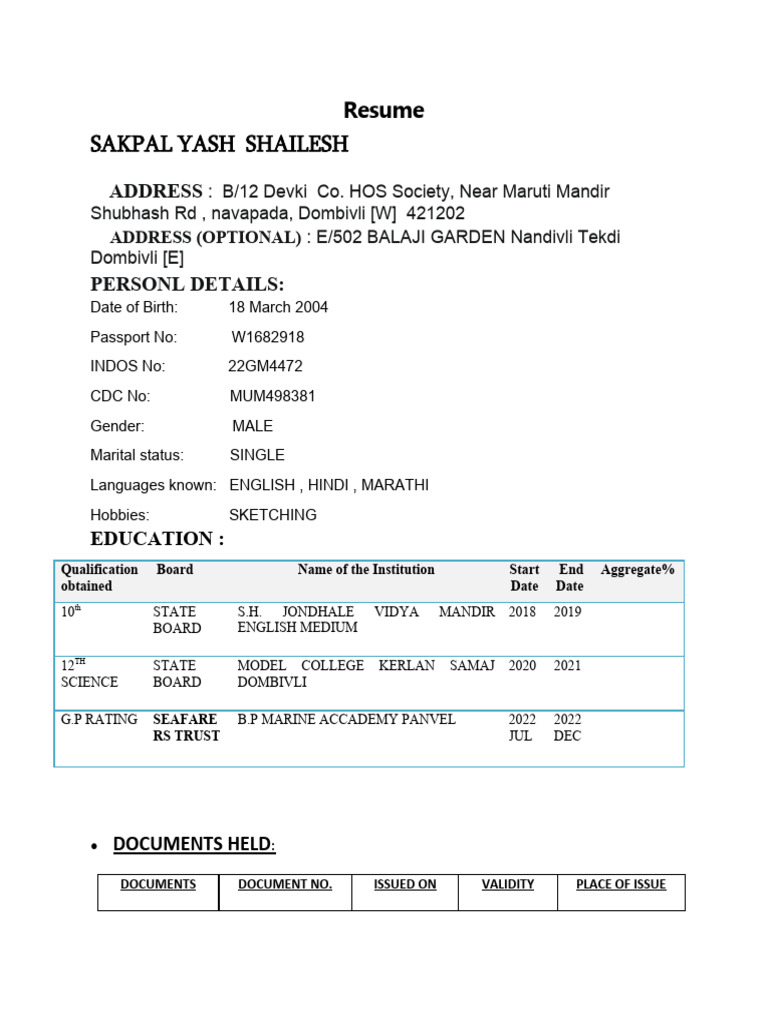 Yash Sakpal's Maritime Resume | PDF