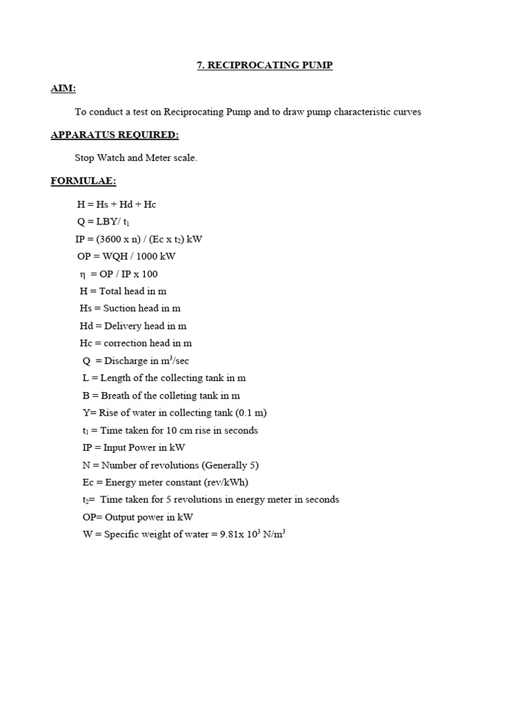 Manual - Reciprocating Pump | PDF | Pump | Physical Quantities