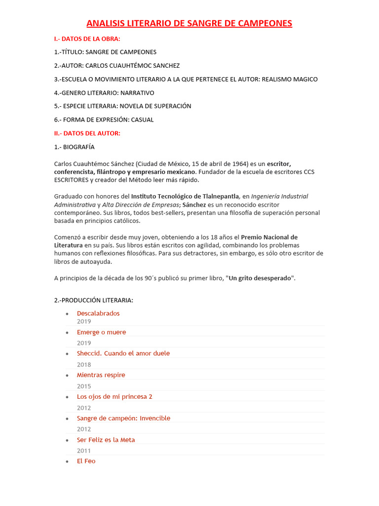 Analisis Literario de Sangre de Campeones | PDF