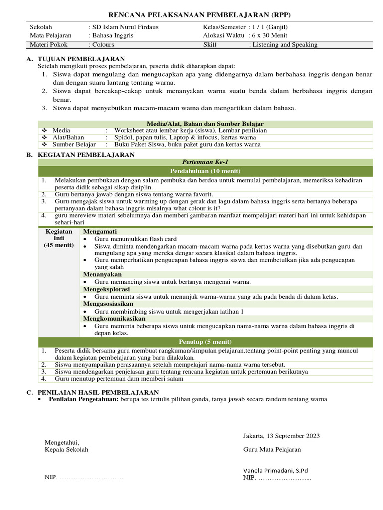 RPP Kelas 1 Colour | PDF