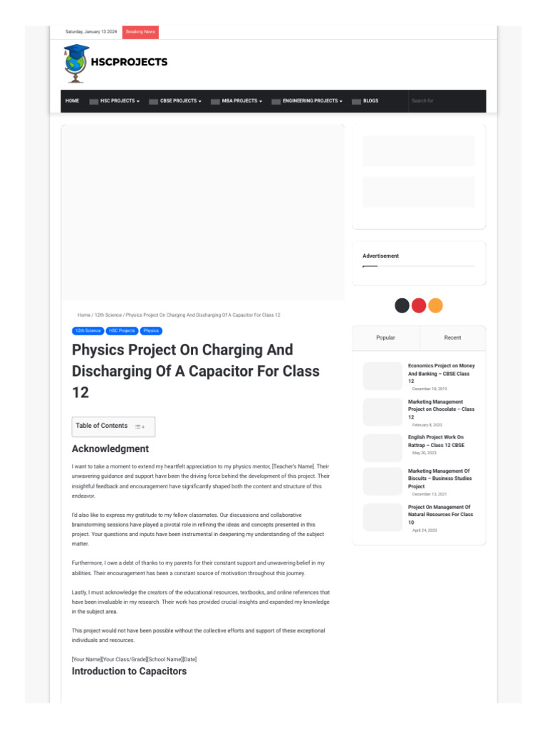 Hscprojects Com Physics Project on Charging and Discharging of a Capacitor for Class 12 | PDF ...