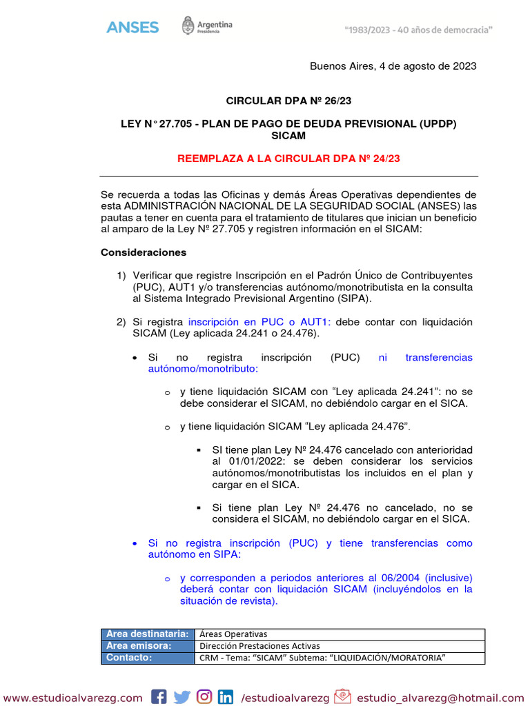 Dpa-026-2023 Ley #27.705 - Plan de Pago de Deuda Previsional (Updp) Sicam | PDF | Gobierno