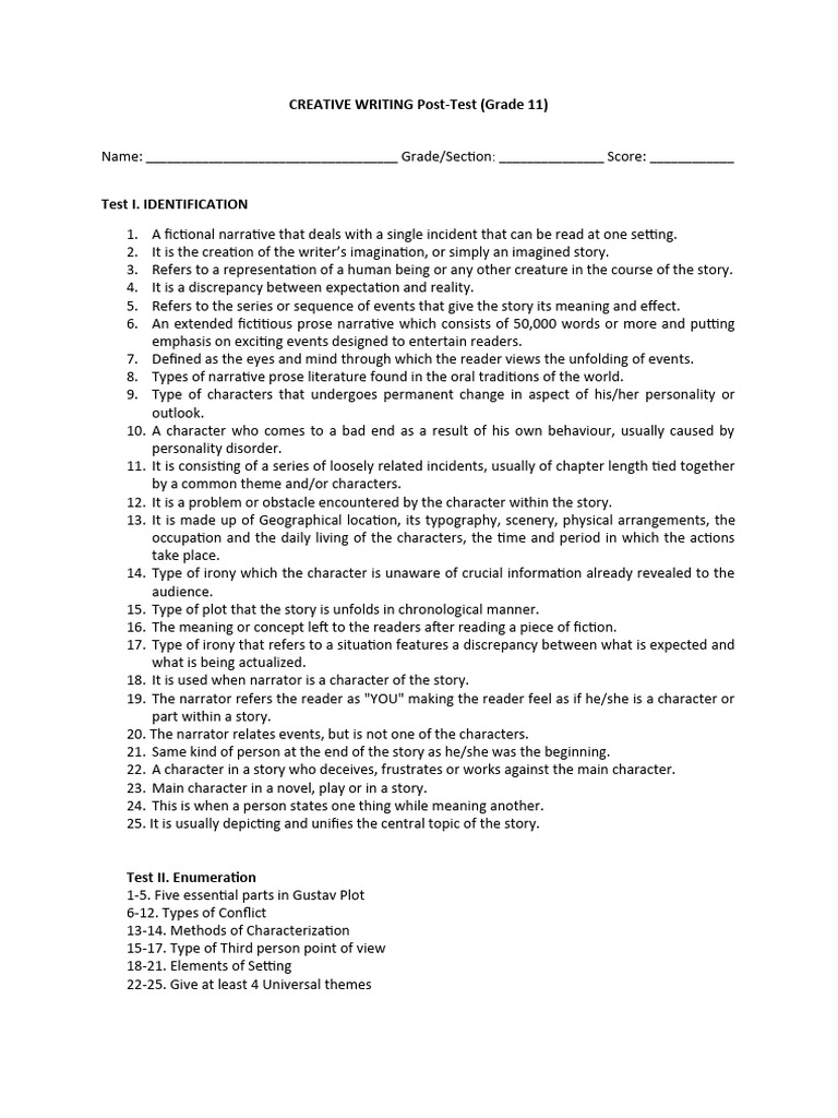 CREATIVE WRITING Post test 2 | PDF | Narrative | Narration
