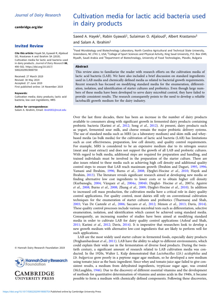 Cultivation Media For Lactic Acid Bacteria Used in Dairy Products | PDF