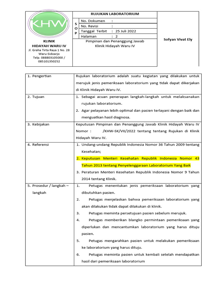 Prosedur Rujukan Laboratorium Klinik Hidayah | PDF | Sains & Matematika