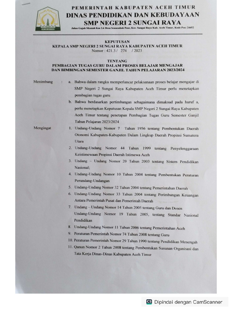 SK Pembagian Tugas Tahun 2023-2024 Ganjil | PDF