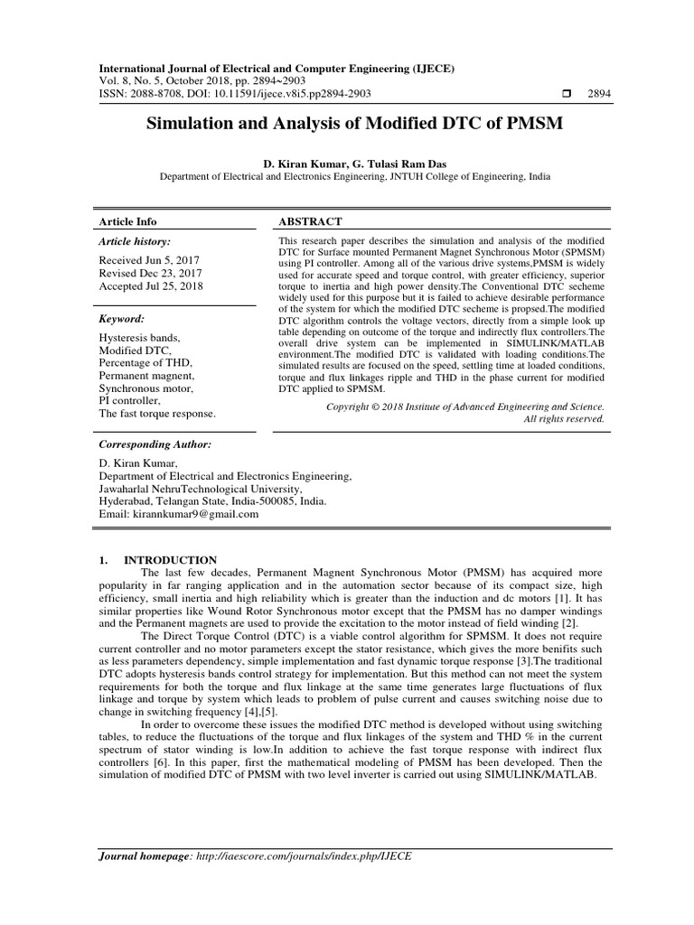 Simulation and Analysis of Modified DTC of PMSM | PDF | Electric Motor ...