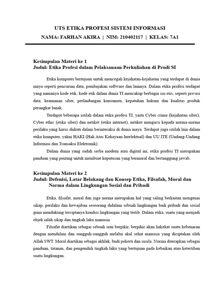 Uts Etika Profesi Sistem Informasi Farhan Akira 210402117 Pdf