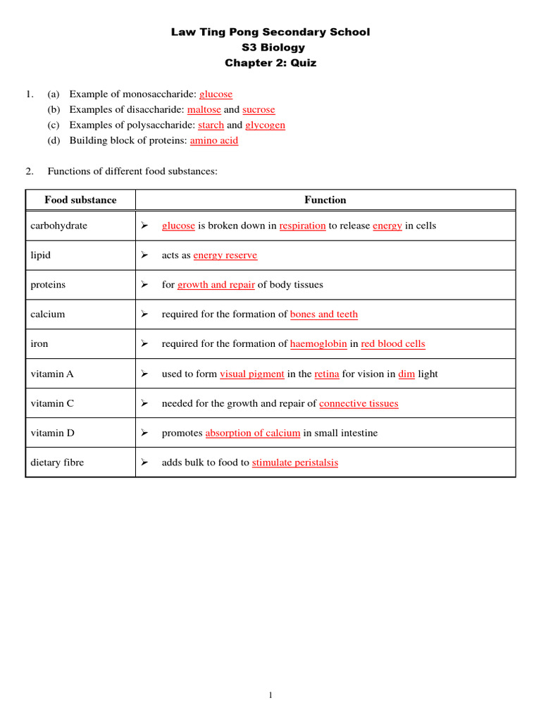 2223 S3 Biology Ch2 Quiz | PDF