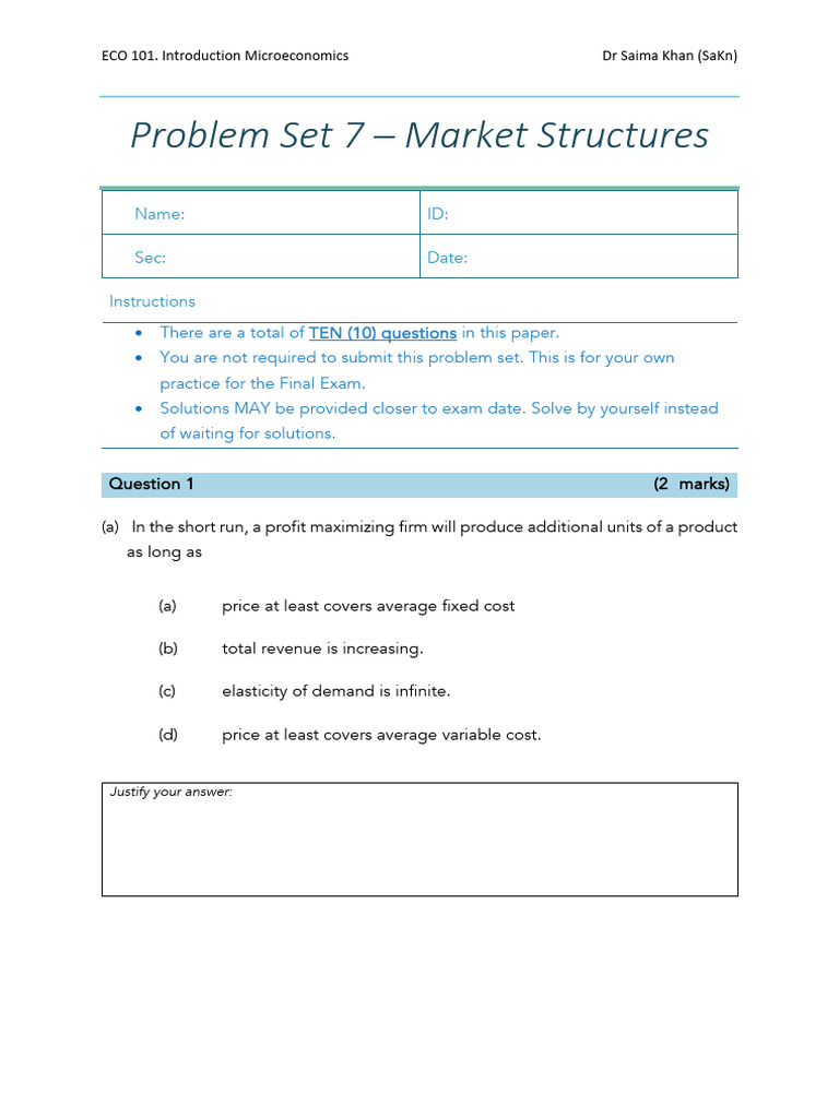 ECO101 - PS7 - Market Structure | PDF | Monopoly | Microeconomics