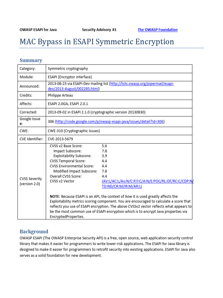 ESAPI Security Bulletin1 | PDF | Encryption | Applied Mathematics
