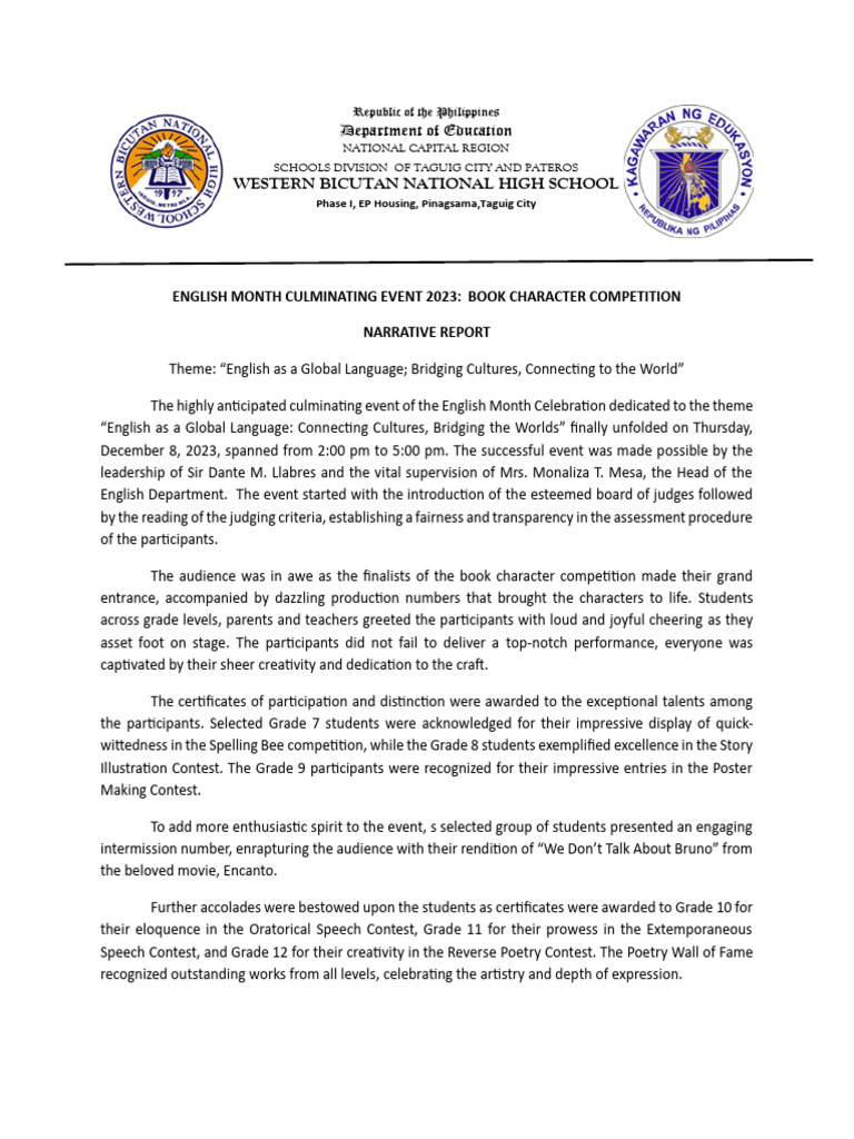 Final 2023 English Month Culminating Event Book Character Narrative Report | PDF