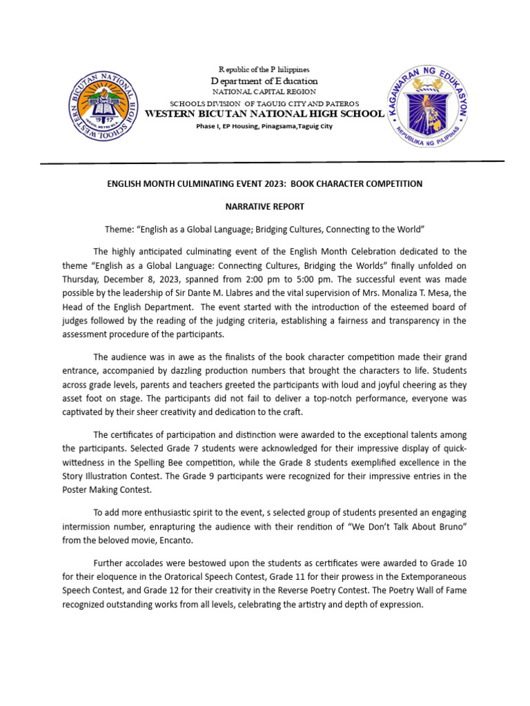 Final 2023 English Month Culminating Event Book Character Narrative ...