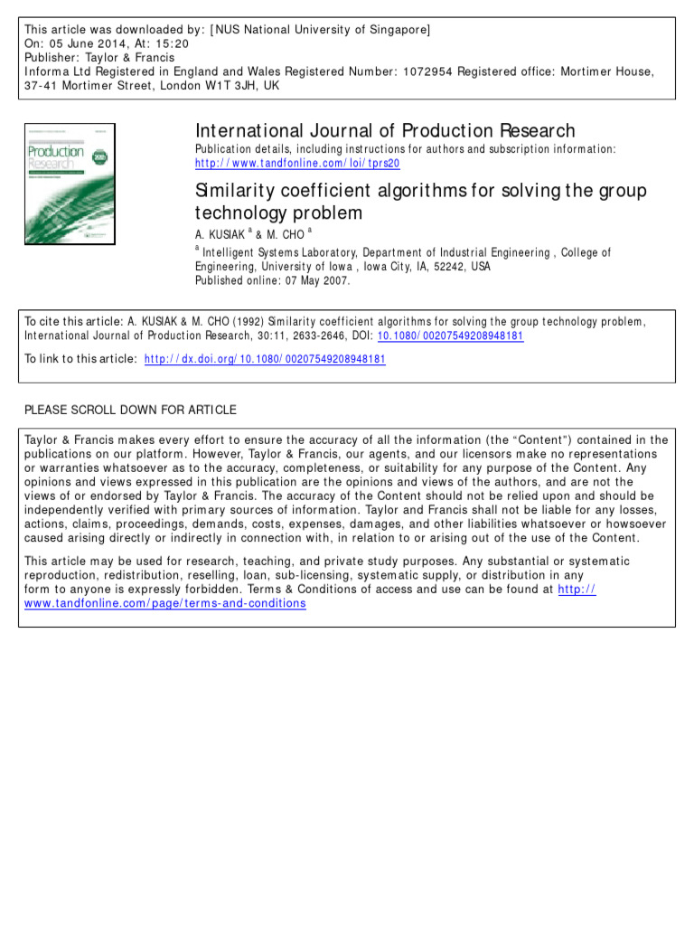 Kusiak1992 Similarity Coefficient Algorithms For Solving Gt Prblem Pdf Computational