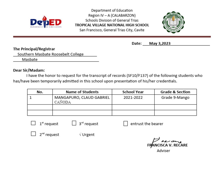 Form 137 Request Letter | PDF