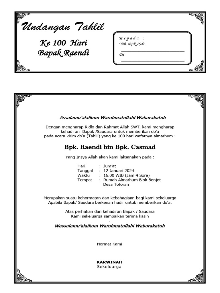 Undangan tahlil 100 hari Raendi Karwinah | PDF