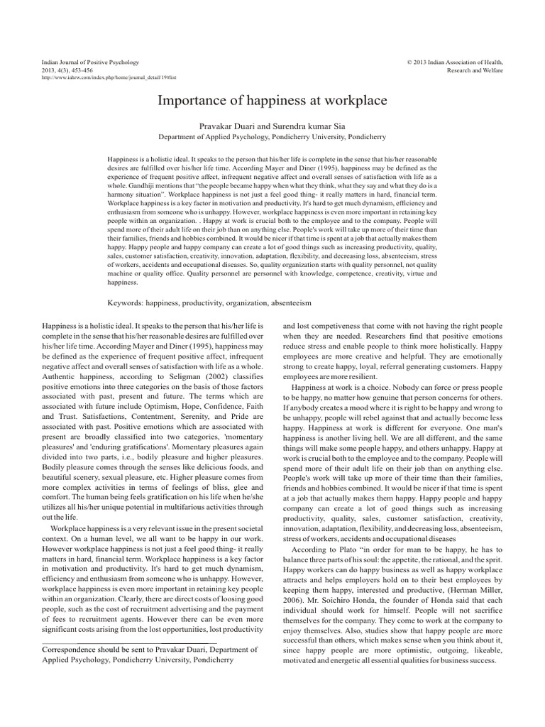 Importance of Happiness at Workplace | PDF | Happiness | Contentment