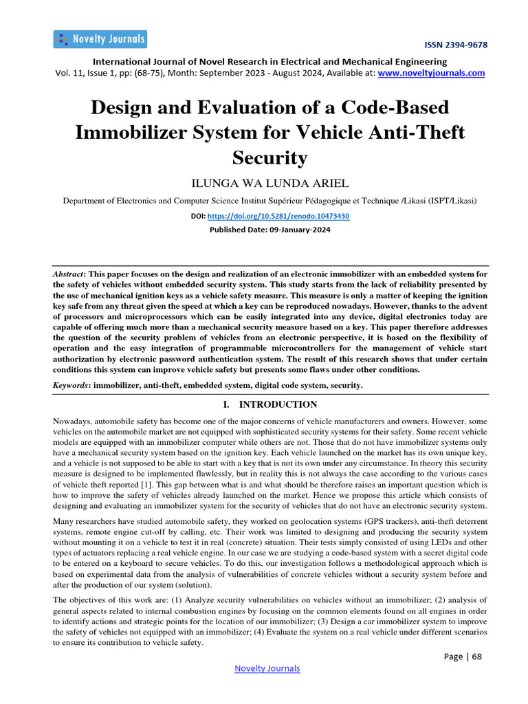 Design and Evaluation of A Code-Based Immobilizer System For Vehicle Anti-Theft Security ...