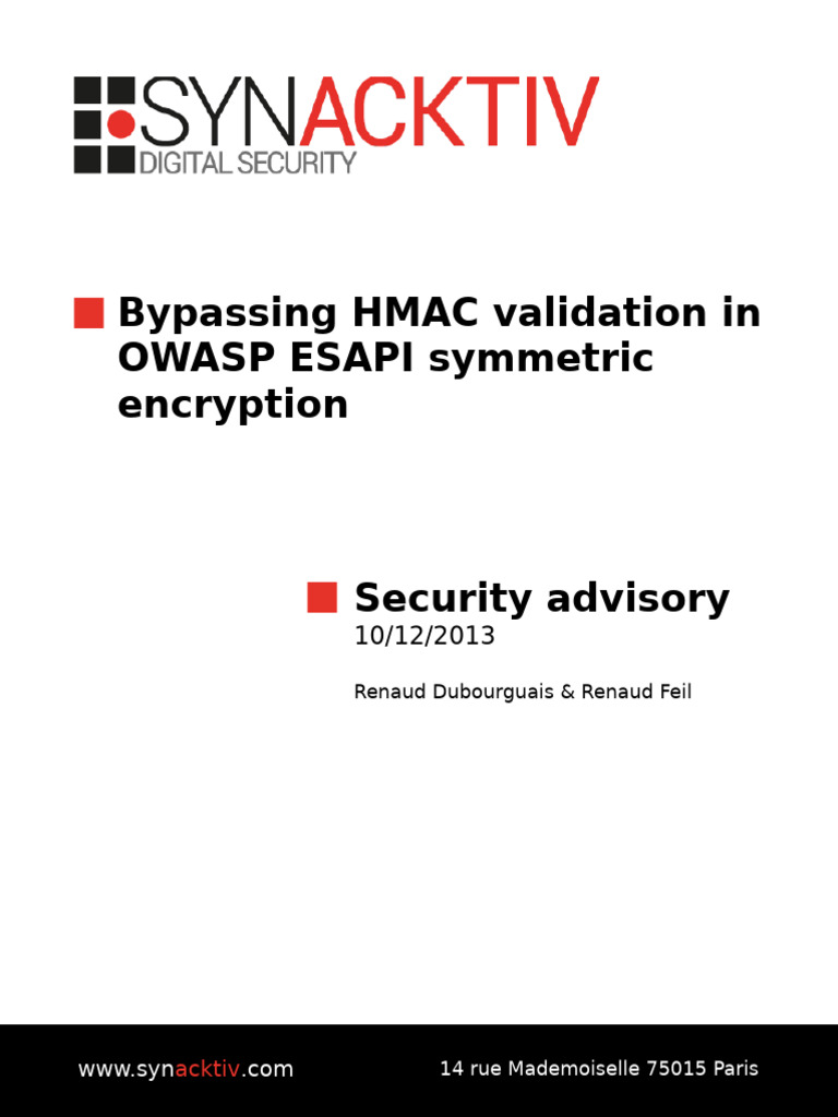 synacktiv_owasp_esapi_hmac_bypass | PDF | Encryption | Cybercrime