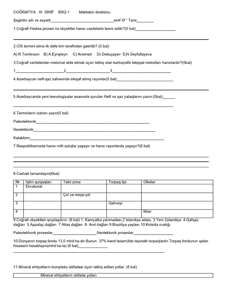 XI Sinif BSQ-1 | PDF