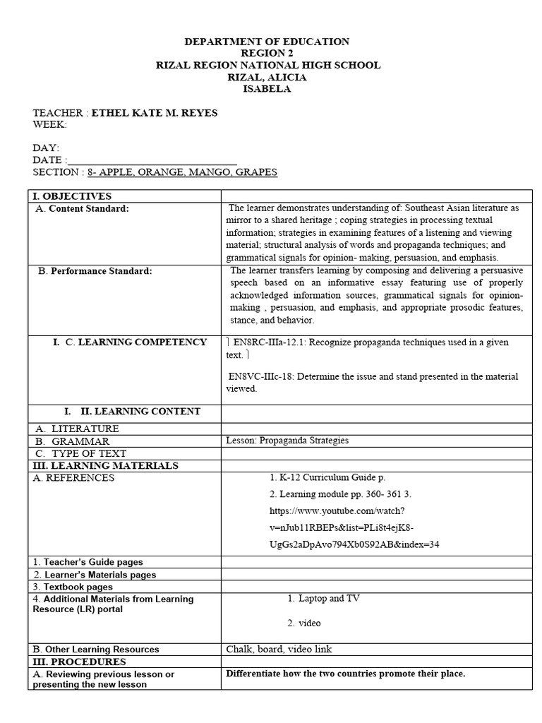 DLL COT ENGLISH 2 2023 | PDF | Learning | Propaganda