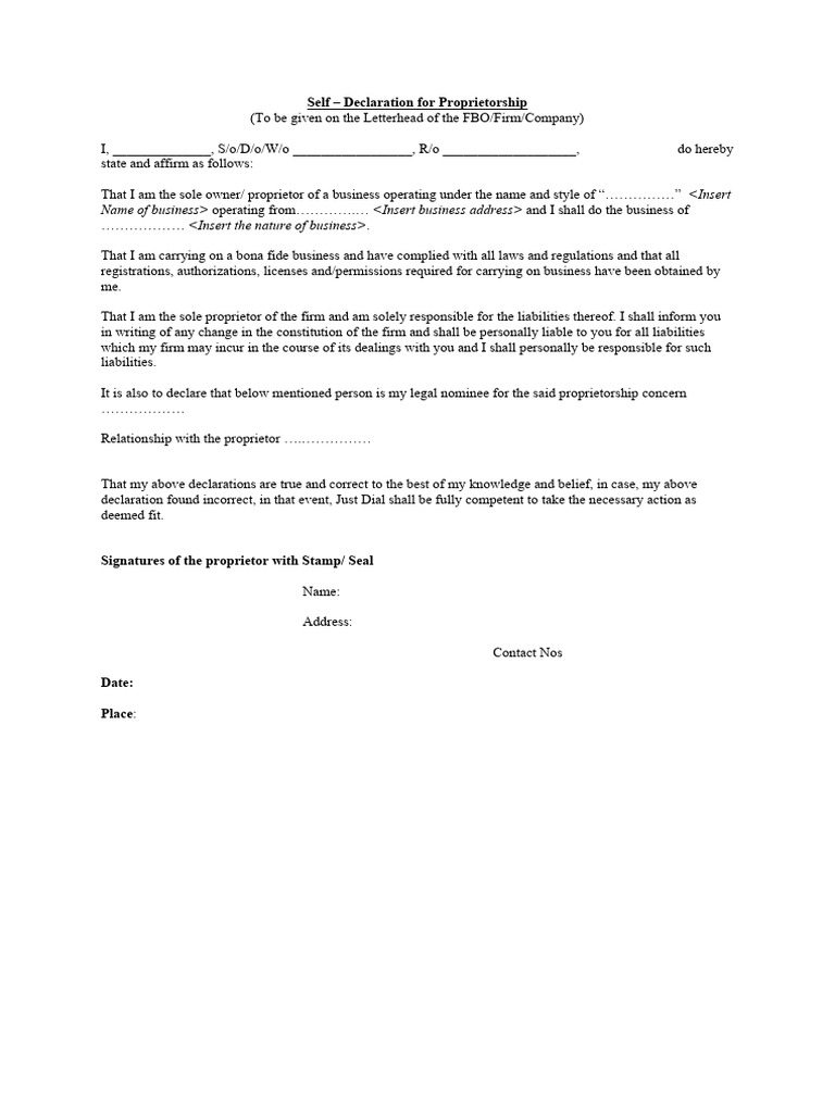 Sole Proprietorship Self-Declaration Form | PDF