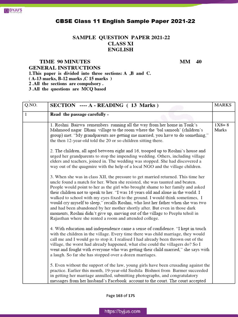 CBSE Class 11 English Sample Paper Set 3 | Download Free PDF | Tiger ...