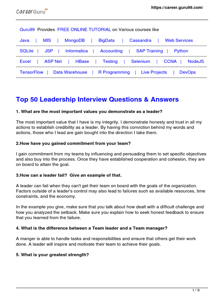 Top 50 Leadership Interview Questions | PDF | Leadership | Goal