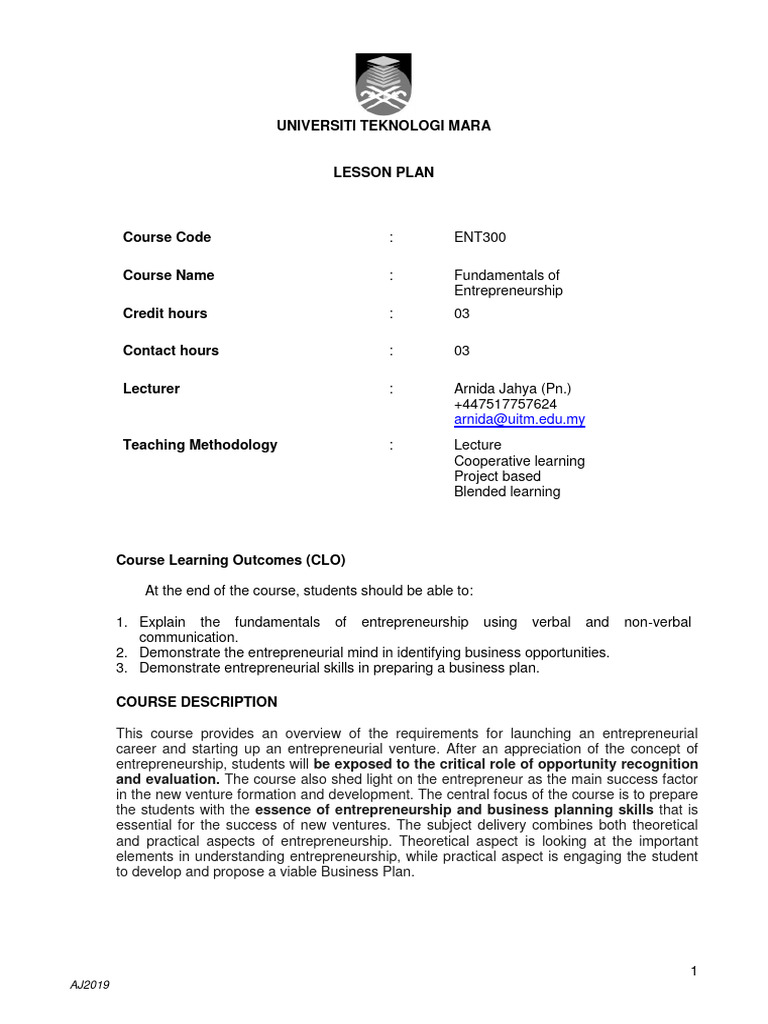 Ent300 - Lesson Plan - Sept19 Jan20 | PDF