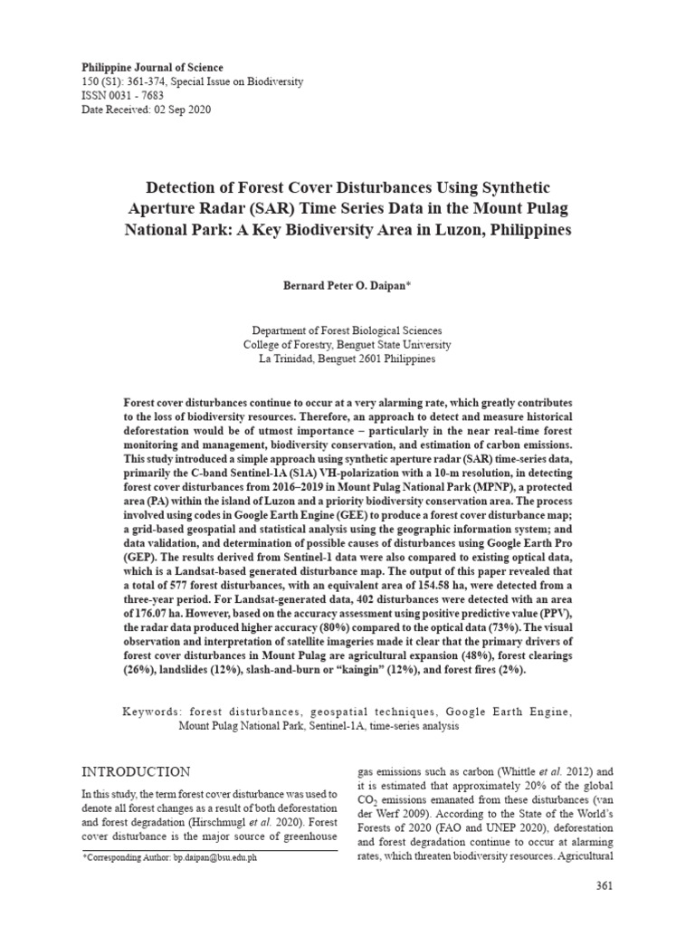 Detection Of Forest Cover Disturbances Using Sar In Mount Pulag Pdf