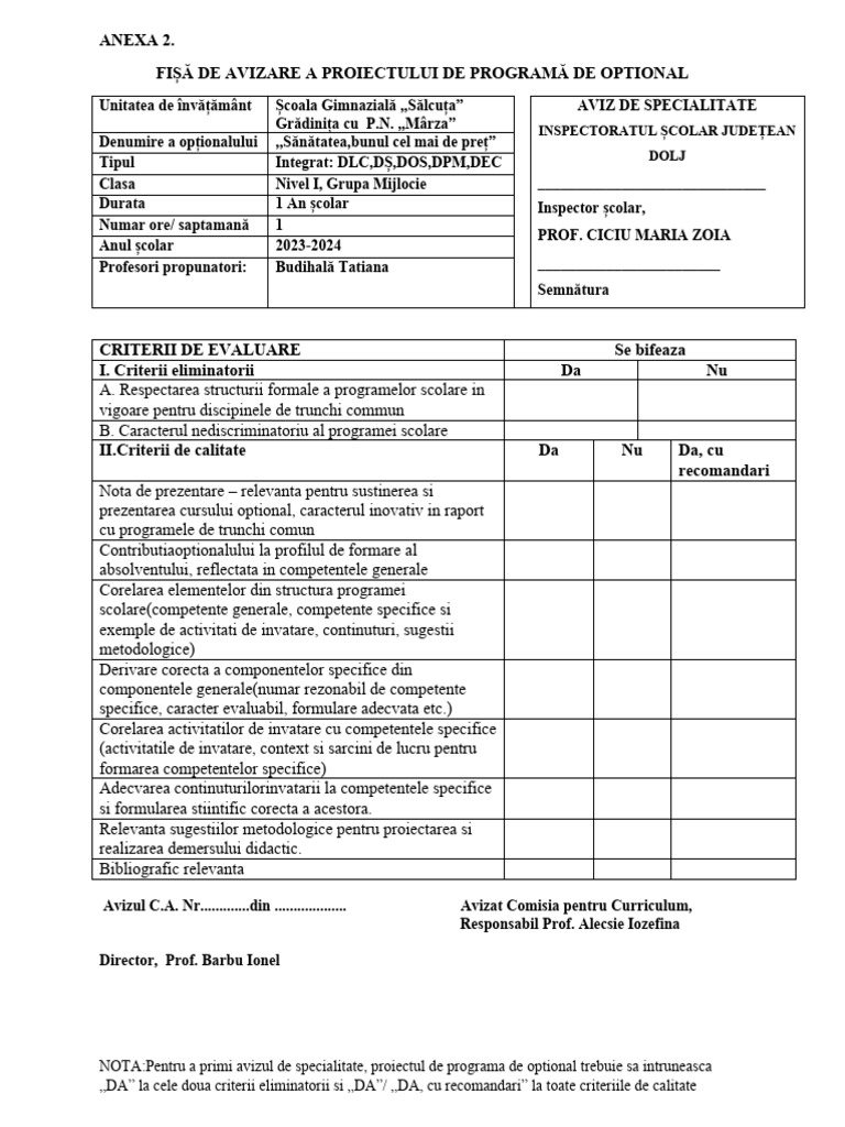 Anexa 2-Fisa Avizare Optional, 2023-2024 - Copie | PDF