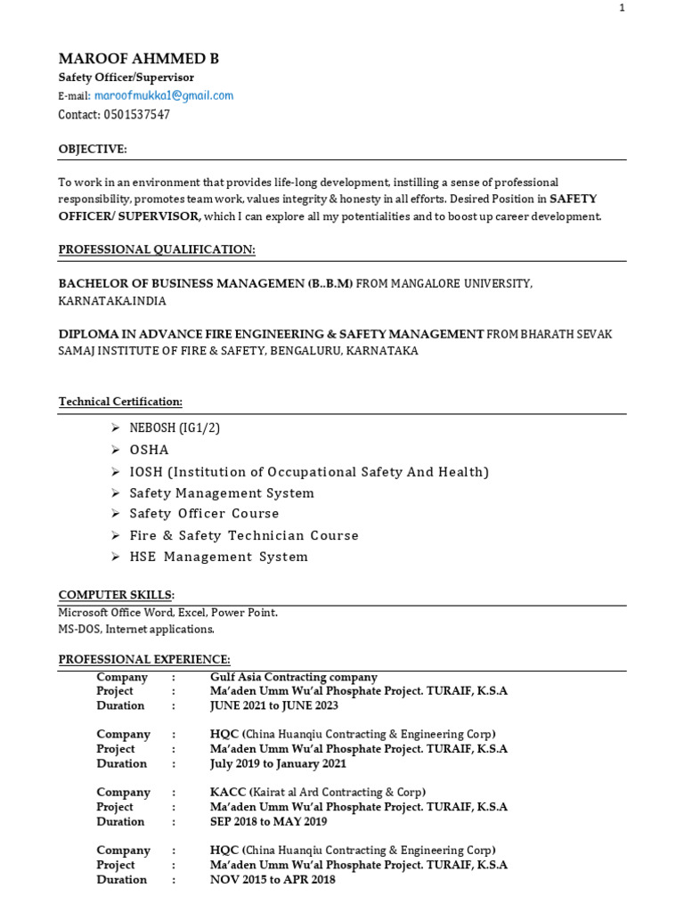 Maroof Ahammed HSE CV | PDF | Safety | Occupational Safety And Health