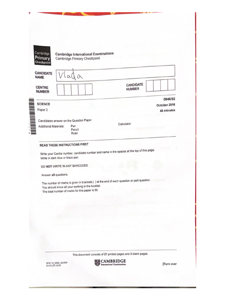 Cambridge - Science Exam Year 6 Vlada | PDF