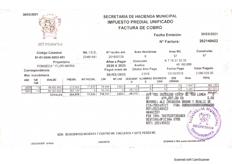 Recibo Impuesto Predial, David Fernando Marín Fonseca - 3 | PDF