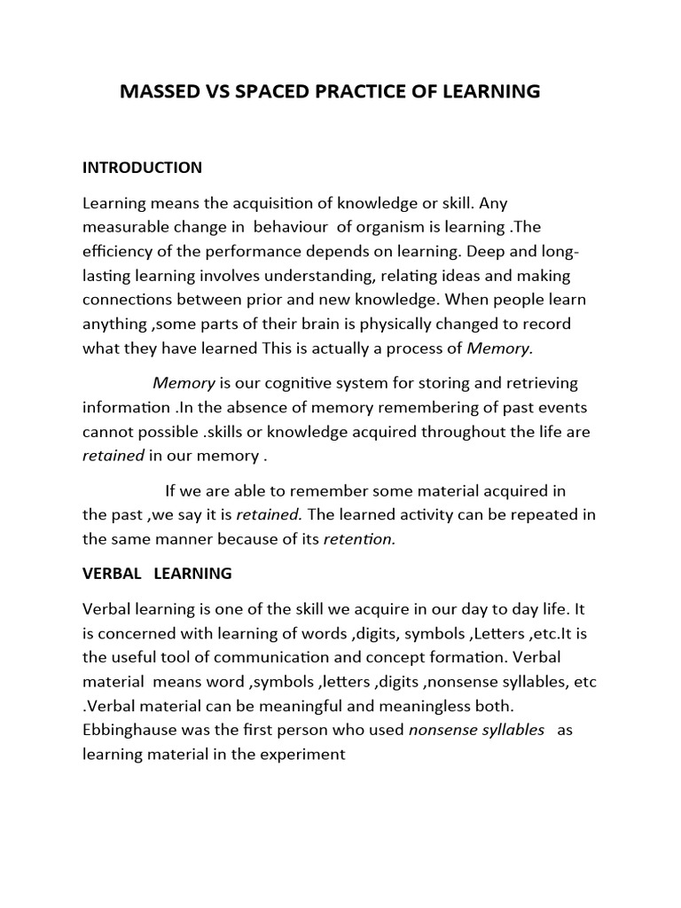 Massed VS Spaced Practice of Learning... | PDF | Learning | Memory