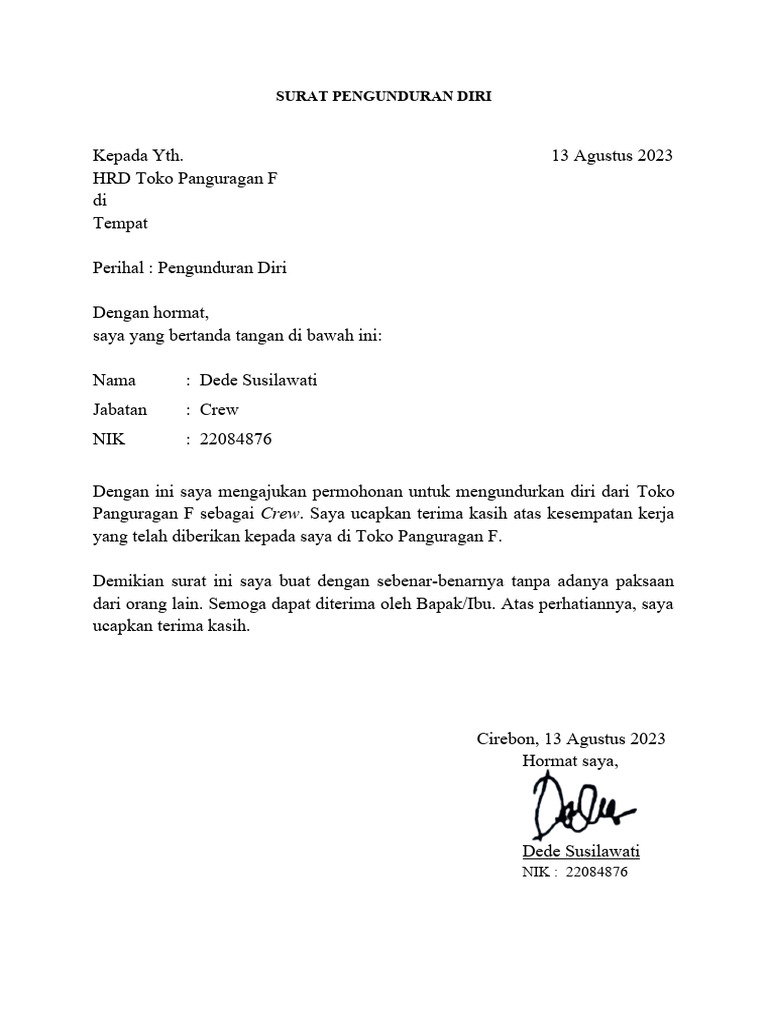 Surat Resign Simple Atau Sederhana | PDF