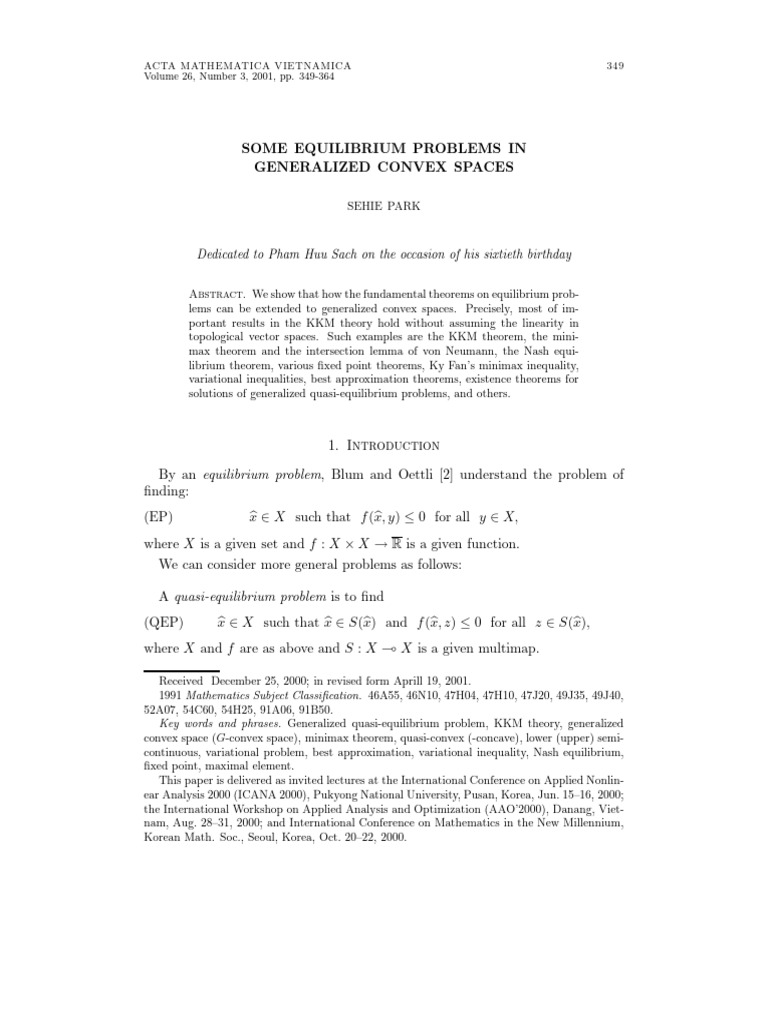 Some Equilibrium Problems in Generalized Convex Spaces | PDF | Space (Mathematics) | Functional ...