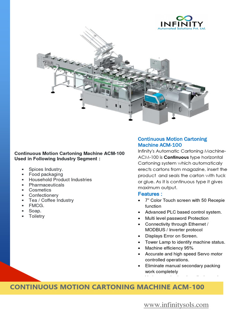 Continuous Motion Cartoning Machine ACM-100 | PDF | Machines | Electricity