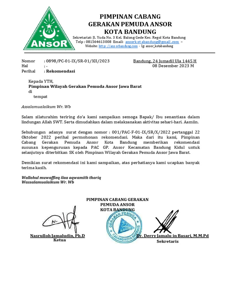 Surat Rekomendasi PAC GP Ansor Bandung Kidul | PDF